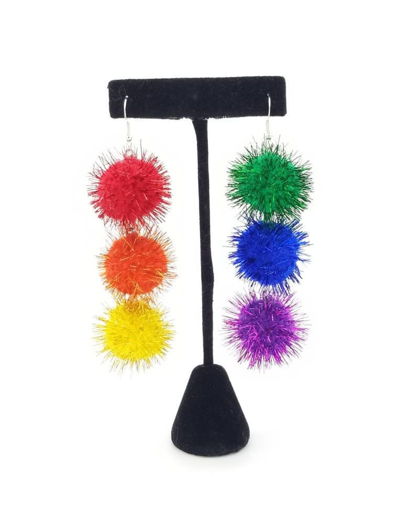 Rainbow Pom Pom Earrings, Rainbow Cascade Sparkle Pom Pom Earrings ...