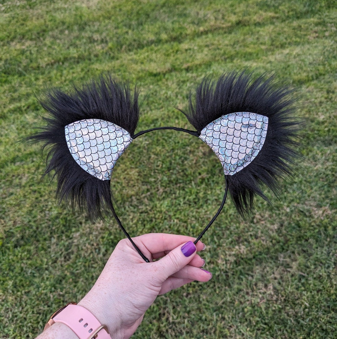 Holographic Mermaid Cat Ears With Black Faux Fur, Siren Kittycorn Ears ...