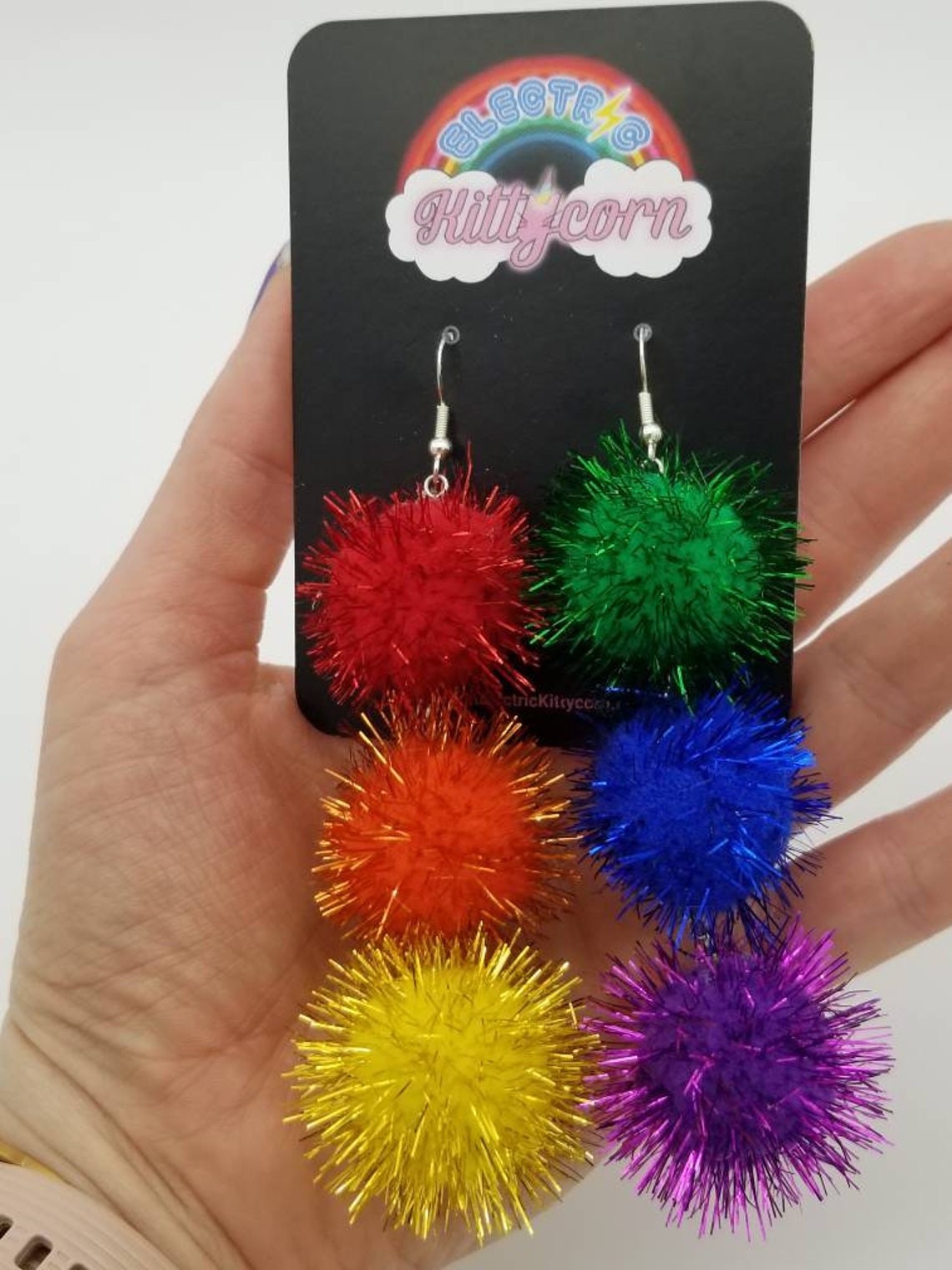 Rainbow Pom Pom Earrings, Rainbow Cascade Sparkle Pom Pom Earrings ...