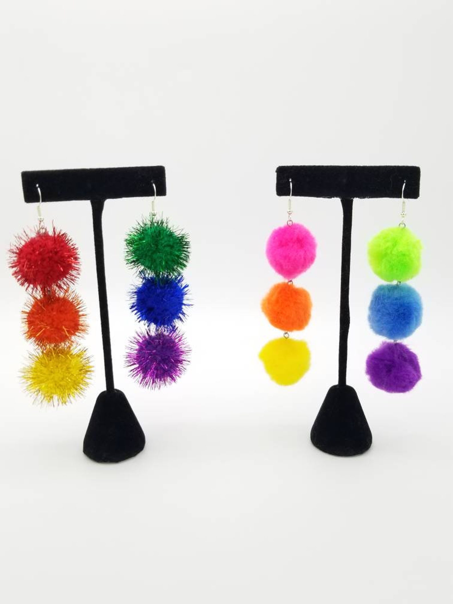 Rainbow Pom Pom Earrings, Rainbow Cascade Sparkle Pom Pom Earrings ...
