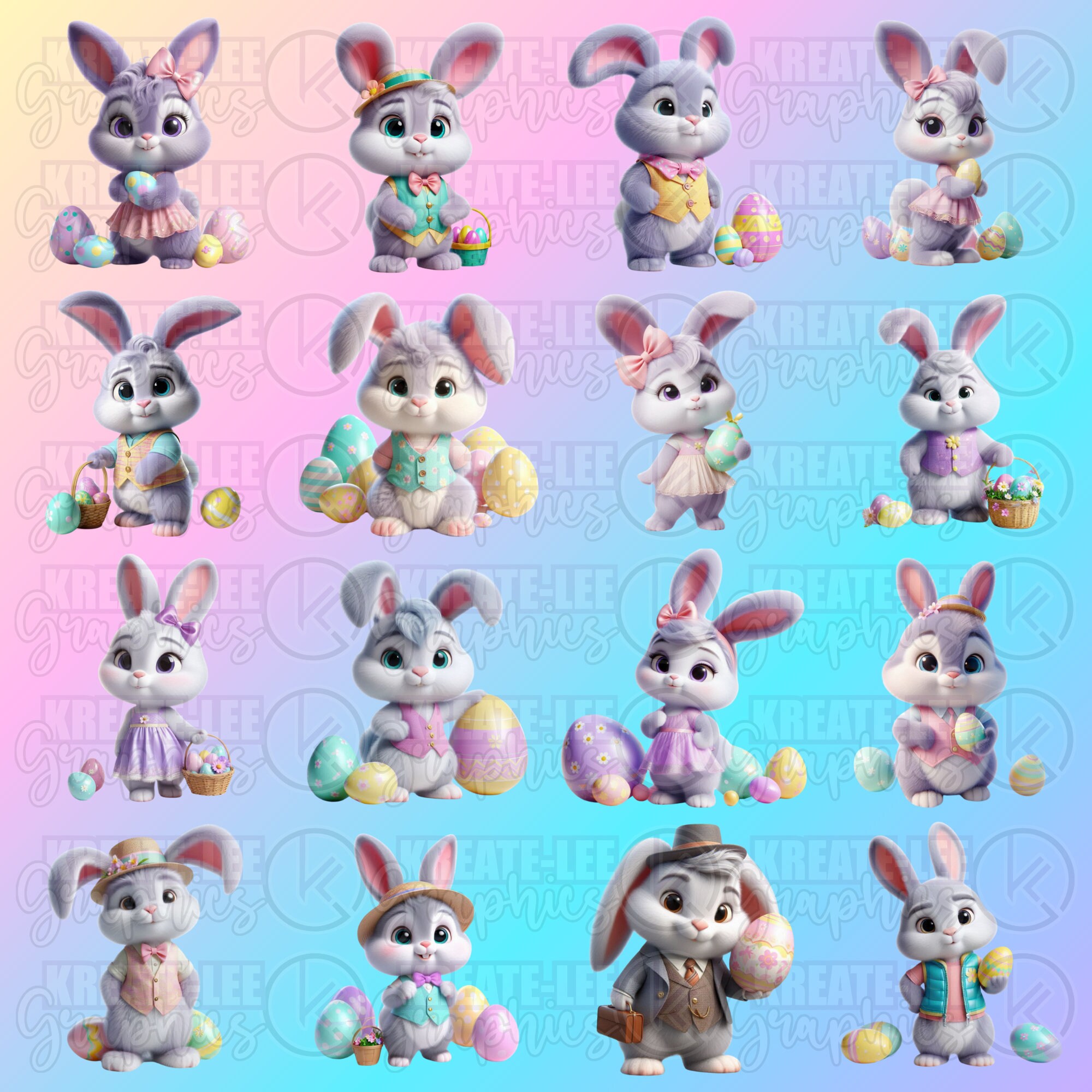 Cute 3D Easter Bunny Clipart PNG Files Fun Digital Downloads 3D Animals ...