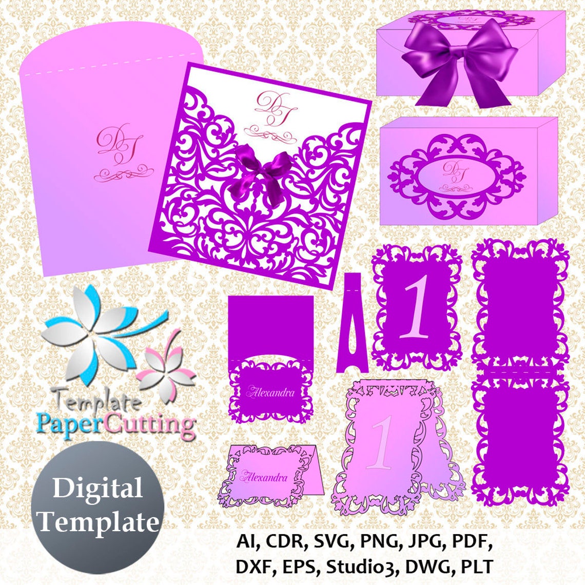 Set Wedding Invitation SVG Template, Floral Laser Cute, Silhouette ...