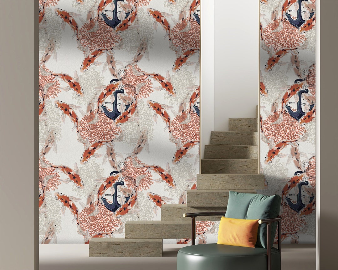 Wall Covering, Koi Fish Wallpaper, Orange Wallpaper, Beige Wallpaper ...