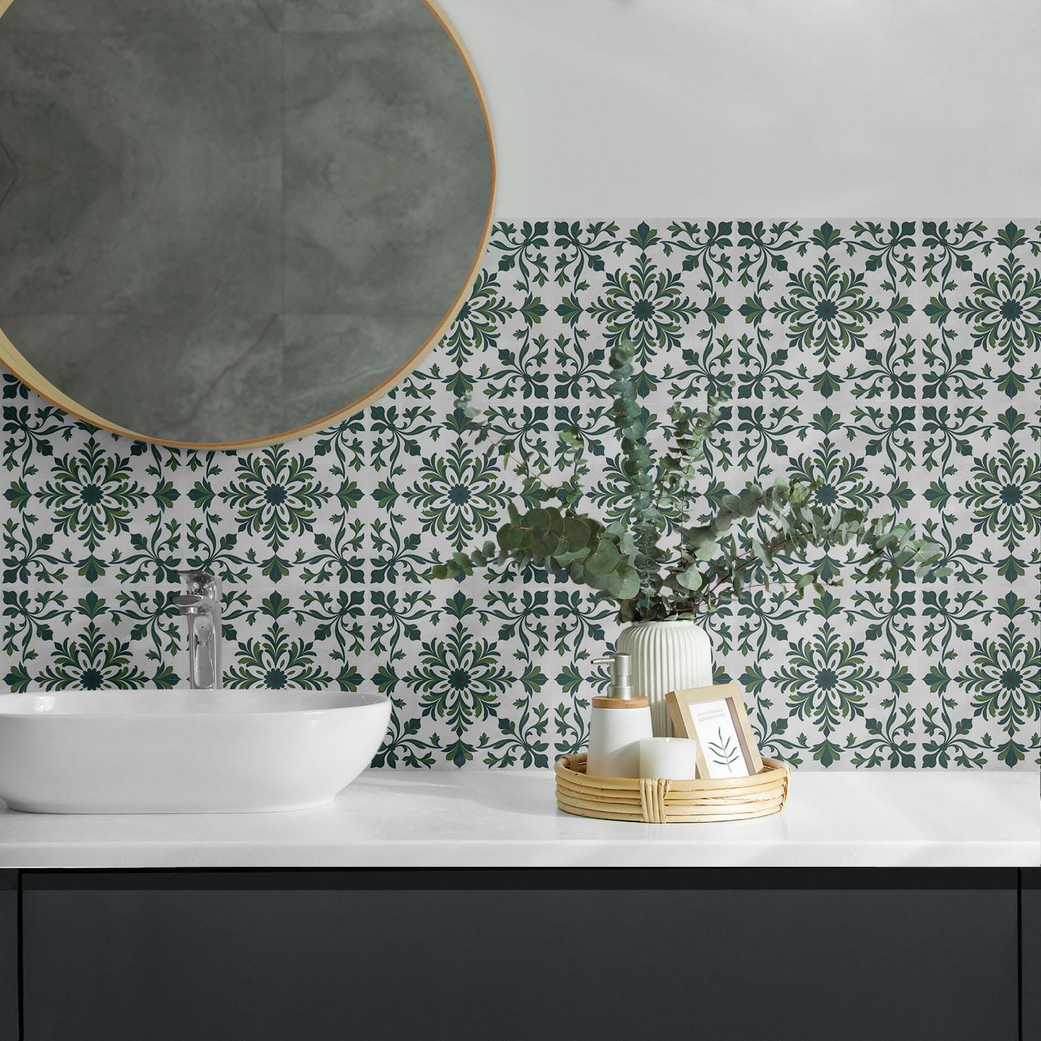Plant Ornaments Tile Stickers, Green Peel and Stick Tiles, Tile ...