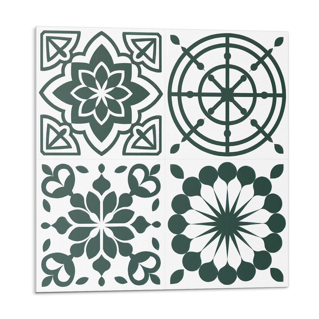 Floral and Geometric Patterns PVC Wall Tiles, Green Tile Stickers, Self ...
