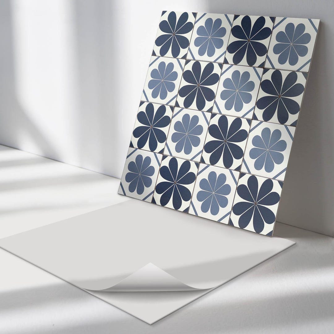 Floral Pattern on Tiles Tile Stickers, Navy Self Adhesive Tiles, Tile ...