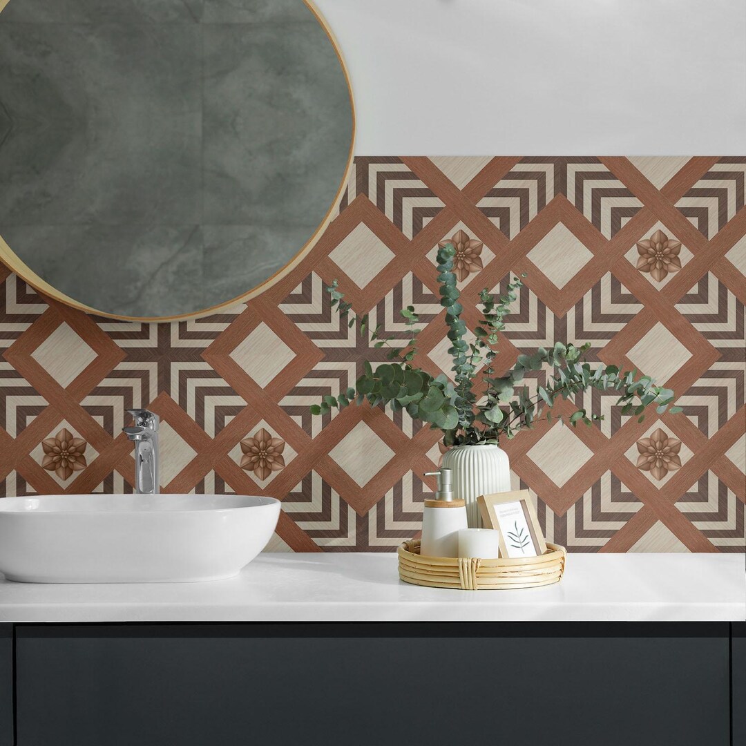 Geometric Motifs Tile Stickers, Brown Self Adhesive Tiles, Tile ...