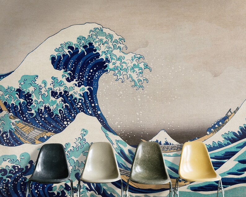 Wall Covering the Great Wave Wallpaper Blue Wallpaper Beige - Etsy