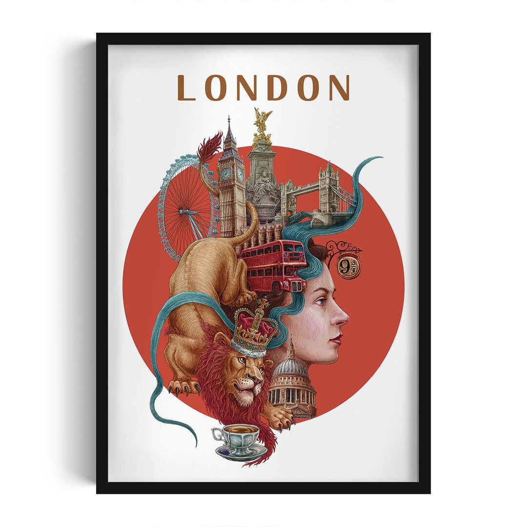 Red Background London City Art Frame, London Illustration in Frame ...