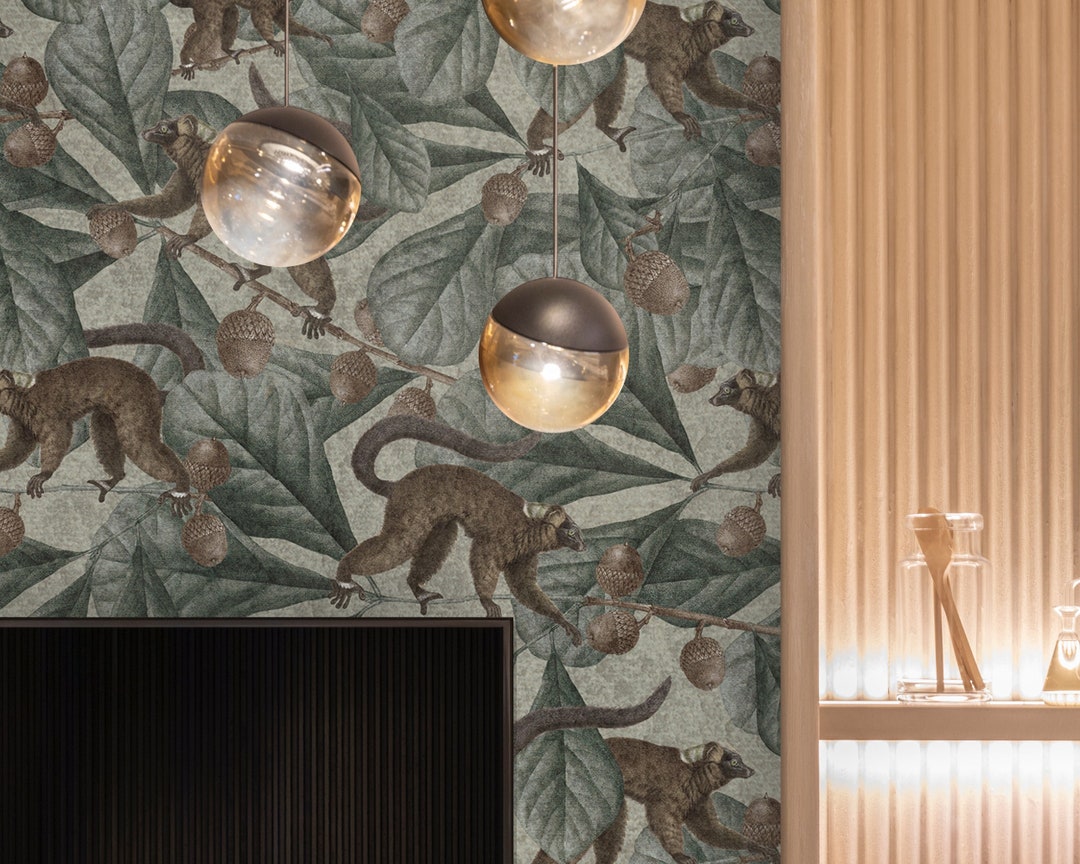 Wall Covering, Lemurs Acorns and Leaves Rainforest Wallpaper, Brown ...