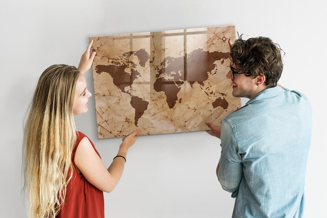 Vintage World Map Magnetic Board, Visited Countries Map, Brown Places ...