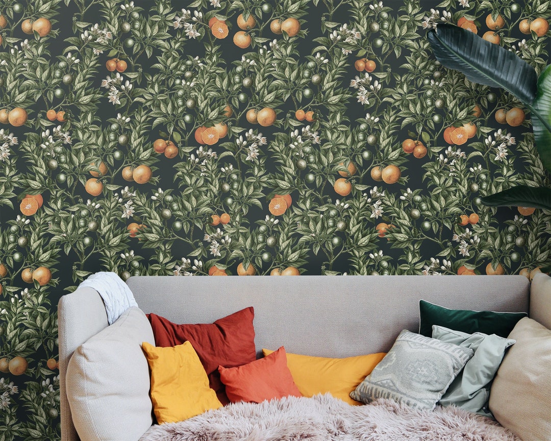 Wall Covering, Orange Trees Wallpaper, Green Wallpaper, Orange ...