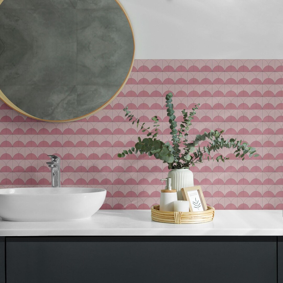 Geometric Semicircles Tile Stickers, Pink Self Adhesive Tiles, Tile ...