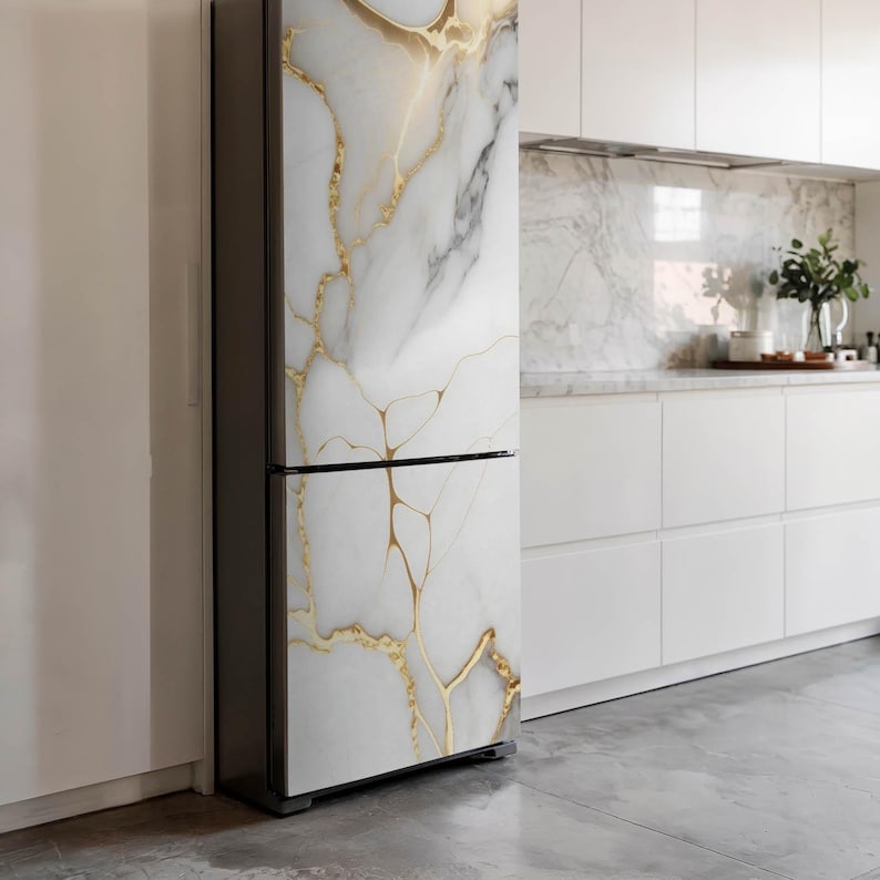 Elegant Marble Pattern Fridge Wrap Sticker, White Refrigerator Wrap ...