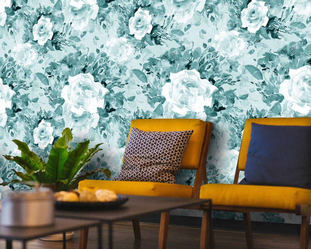 Wall Covering, Blue Roses Pattern Wallpaper, Blue Wallpaper, White ...
