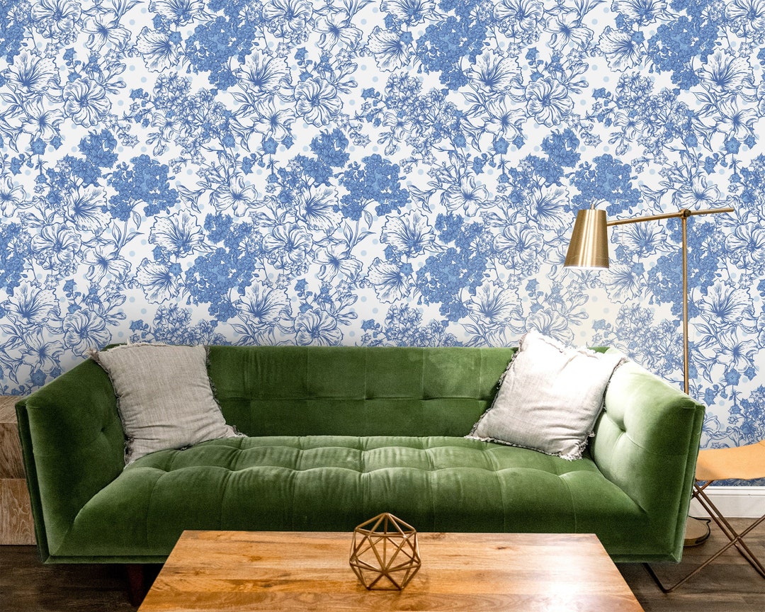 Wall Covering, Bouquet of Blue Flowers Wallpaper, Blue Wallpaper, White ...