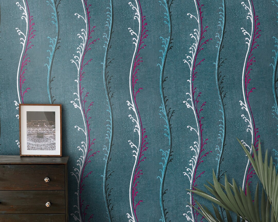 Wall Covering, Wavy Plants Wallpaper, Blue Wallpaper, Pink Wallpaper ...