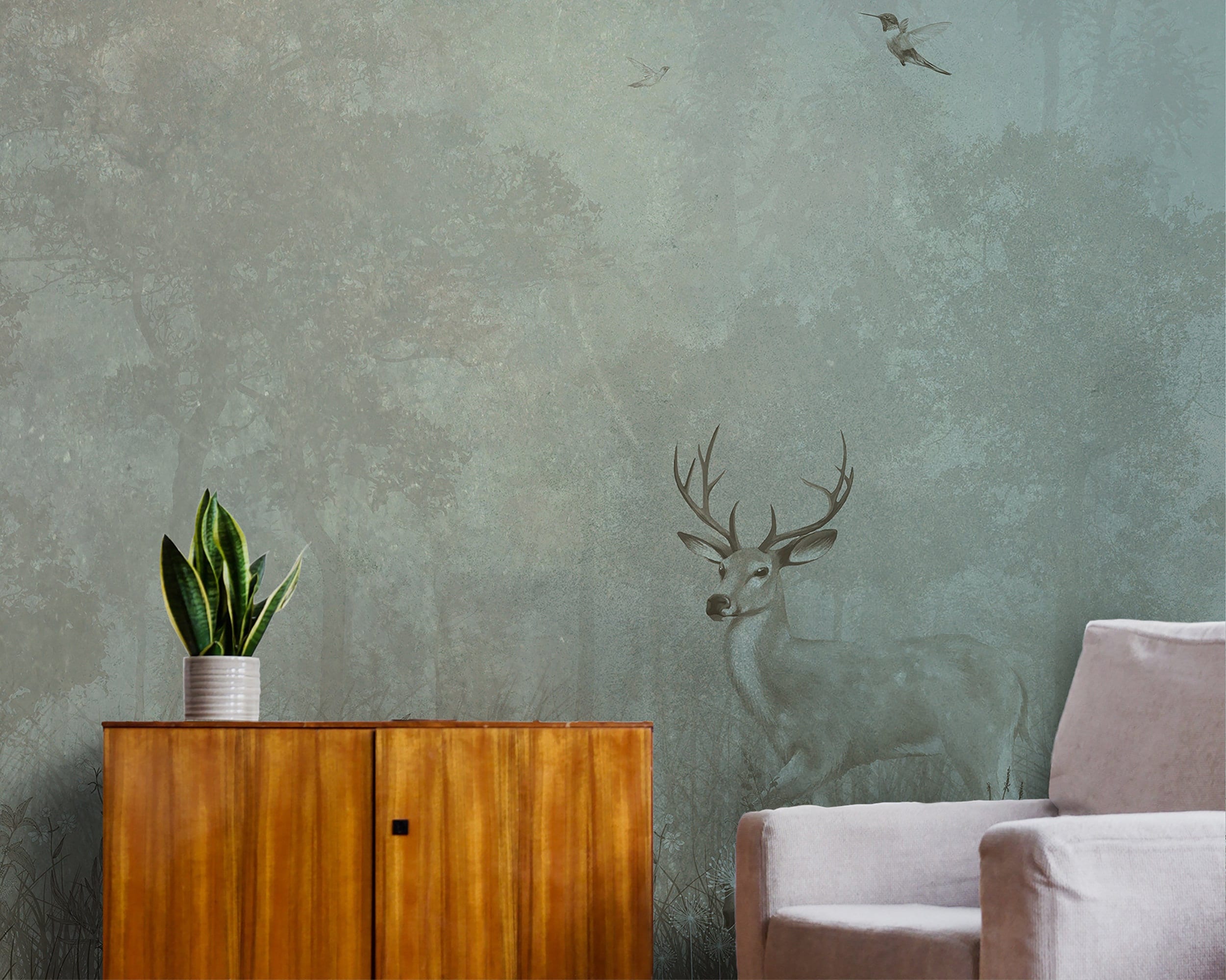 Wall Covering, Deer in the Meadoforest Portrait Wallpaper, Blue ...