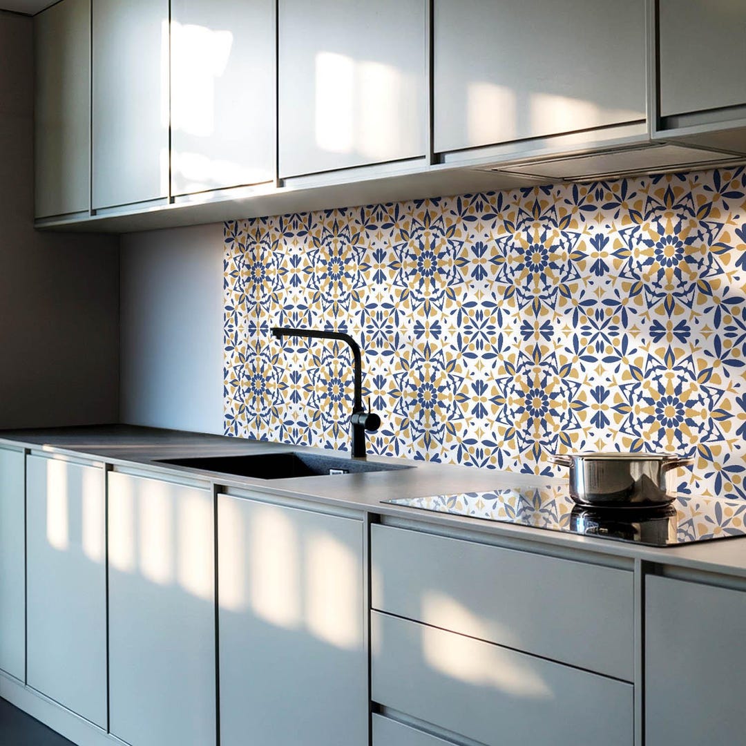 Floral Pattern in Symmetry PVC Wall Tiles, Yellow Tile Stickers, Self ...