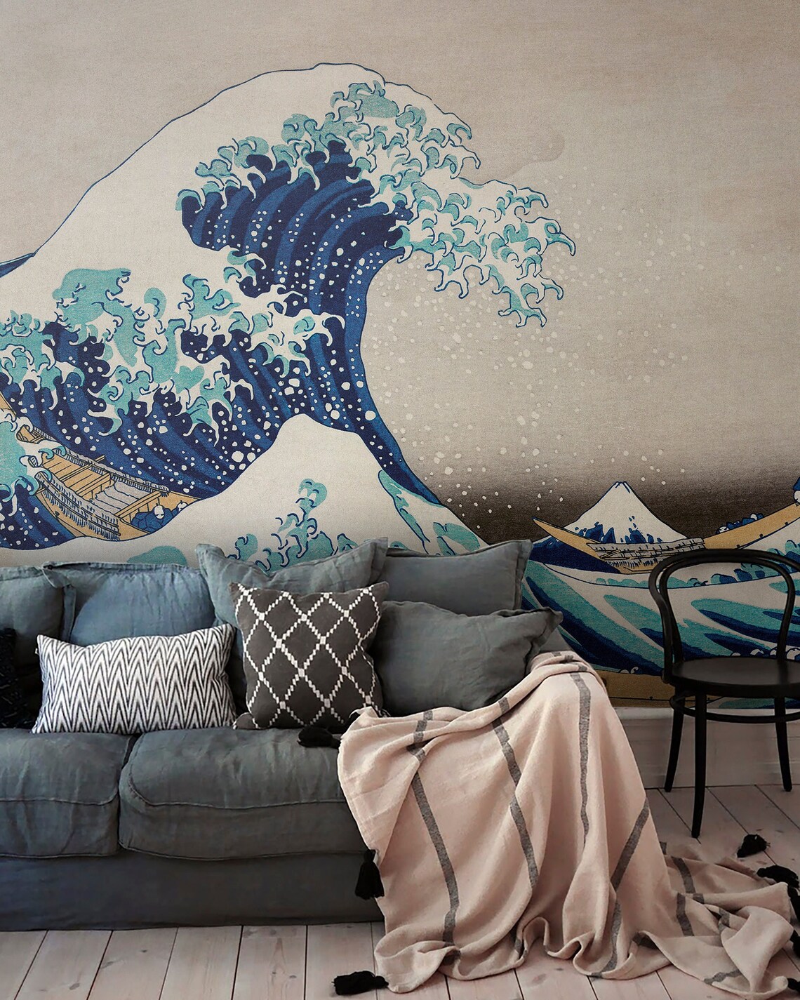 Wall Covering, the Great Wave Wallpaper, Blue Wallpaper, Beige ...