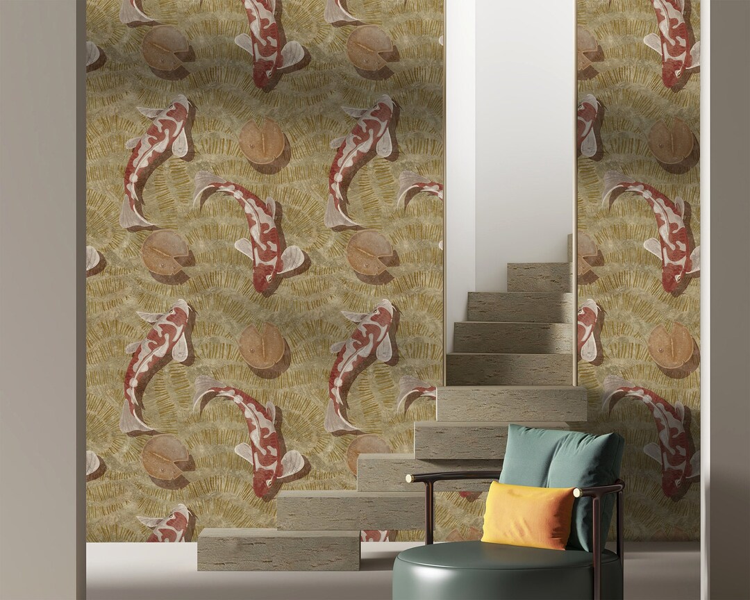 Wall Covering, Koi Fish in the Asian Amber Pond Wallpaper, Red ...