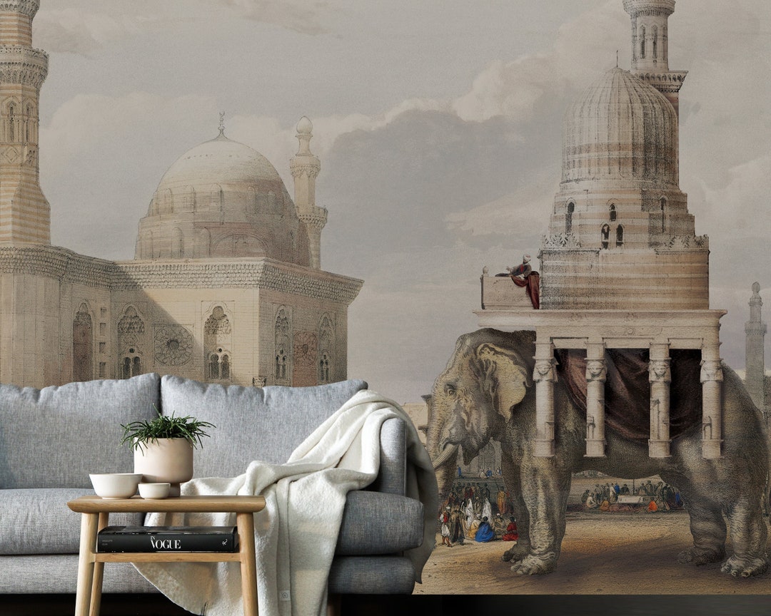 Wall Covering, Elephant Tower Wallpaper, Beige Wallpaper, Gray ...