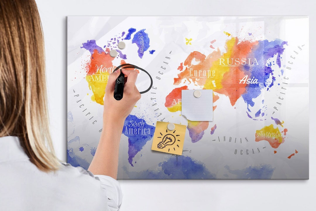 Watercolor World Map Magnetic Board, Places Visited Map, Multicolour ...
