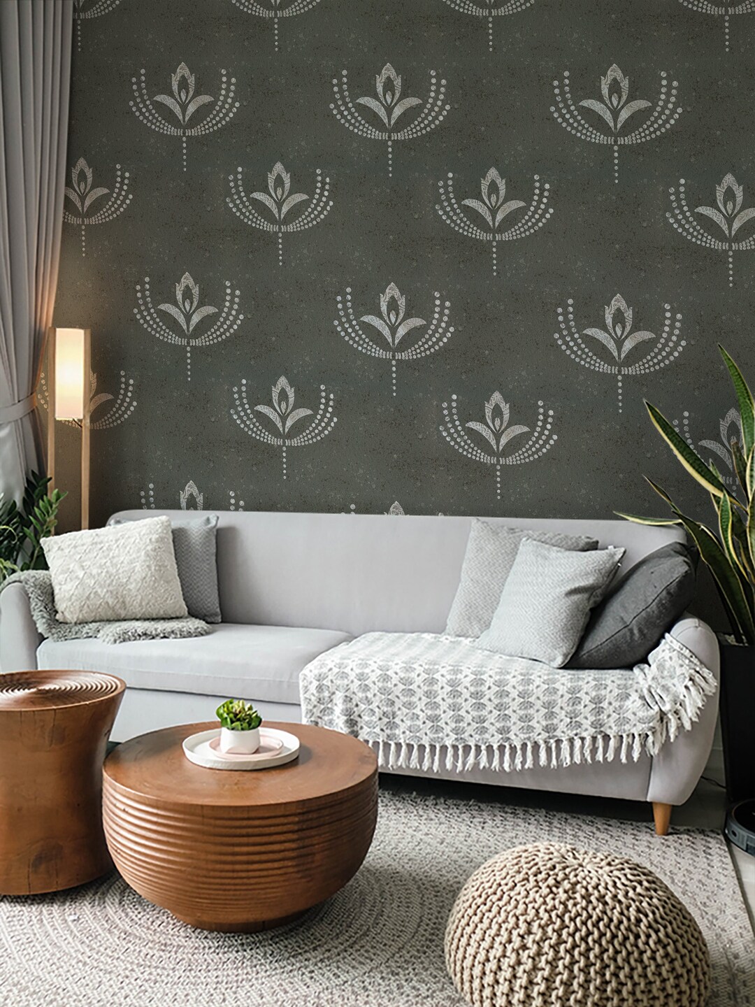 Wall Covering, Gometric Flowers Wallpaper, Blue Wallpaper, Gray ...