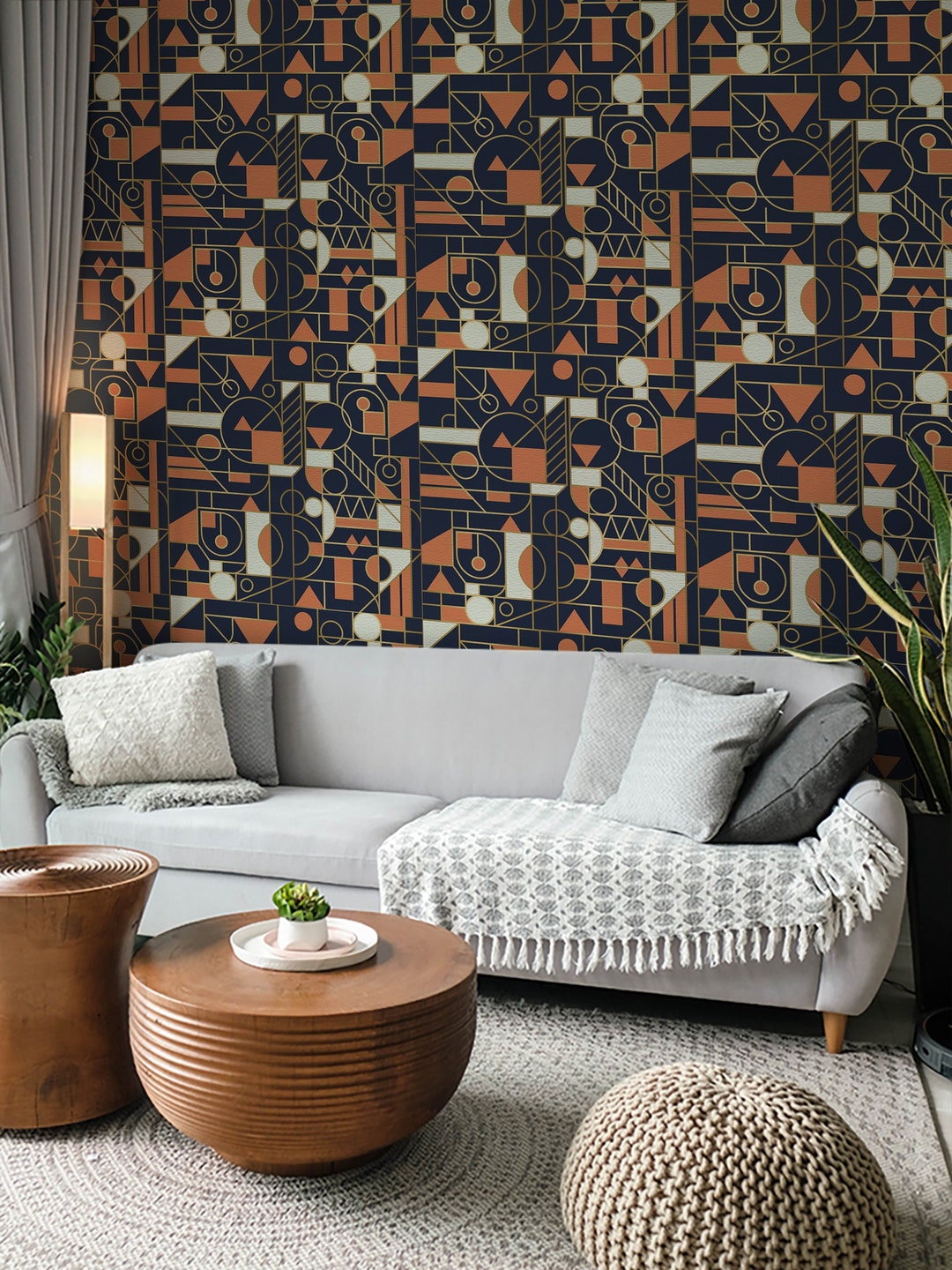 Wall Covering, Retro Modern Geometric Wallpaper, Orange Wallpaper, Gold ...