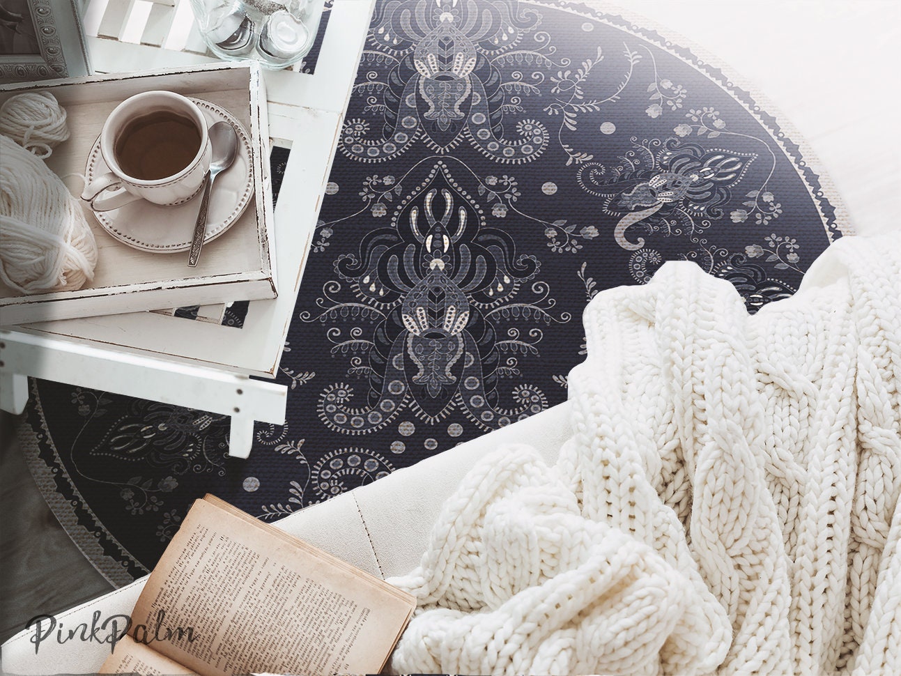 Mangalia Navy Blue Round Vinyl PVC Mat, Linoleum Floor, Area Rug ...