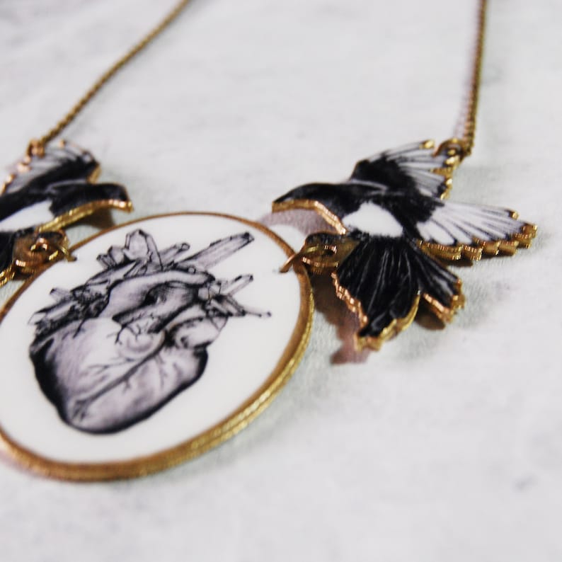 Magpie Heart Thief Jewelry Bird Necklace Crystal Heart - Etsy