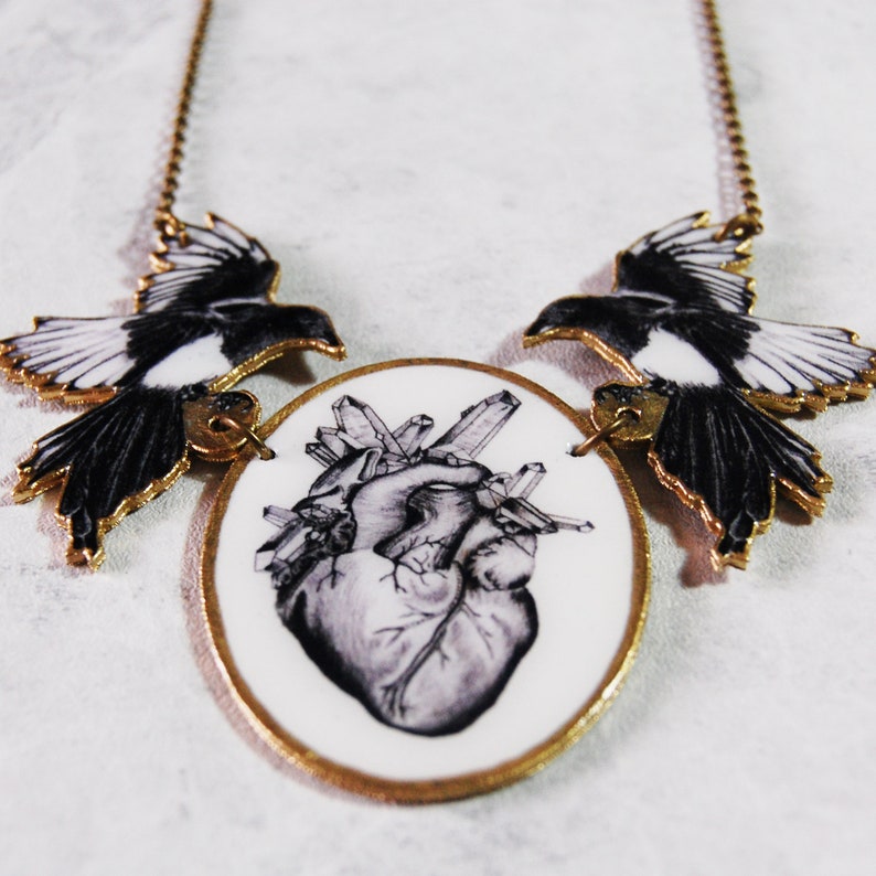 Magpie Heart Thief Jewelry Bird Necklace Crystal Heart | Etsy