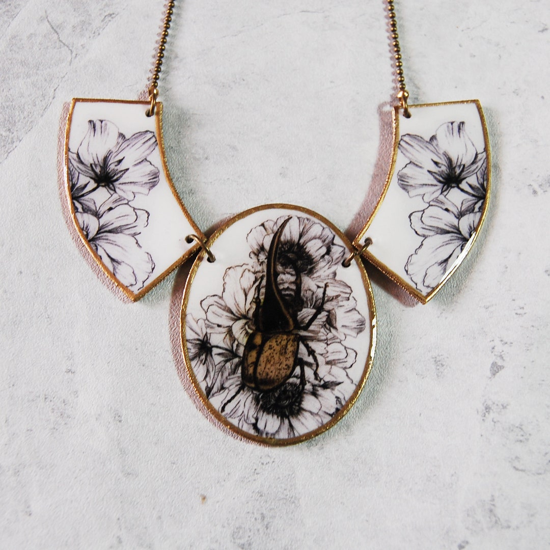 Nature Lovers Necklace, Beetle Rhino Jewelry, Flowers Necklace, Strange ...