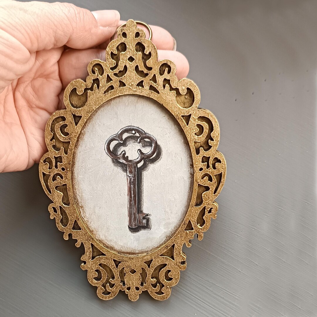 Original Framed Acrylic Paint, Vintage Style Painting, Magic Key ...