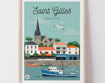 Affiche St Gilles, Poster port Saint Gilles Croix de vie, Affiche Côte Atlantique, Illustration ...