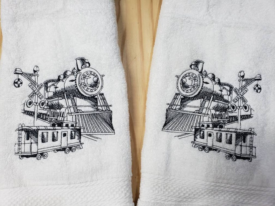 Steam Engine Train Sketch Hand Towel Set Custom Embroidered - Etsy