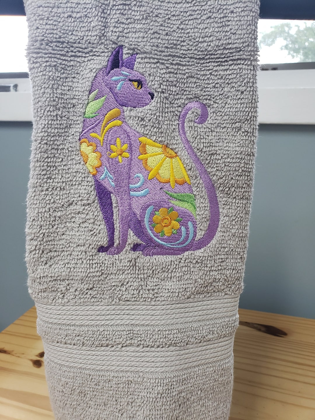 Cat Animal Flower Power Bath Hand Towel Custom Embroidered Personalized ...
