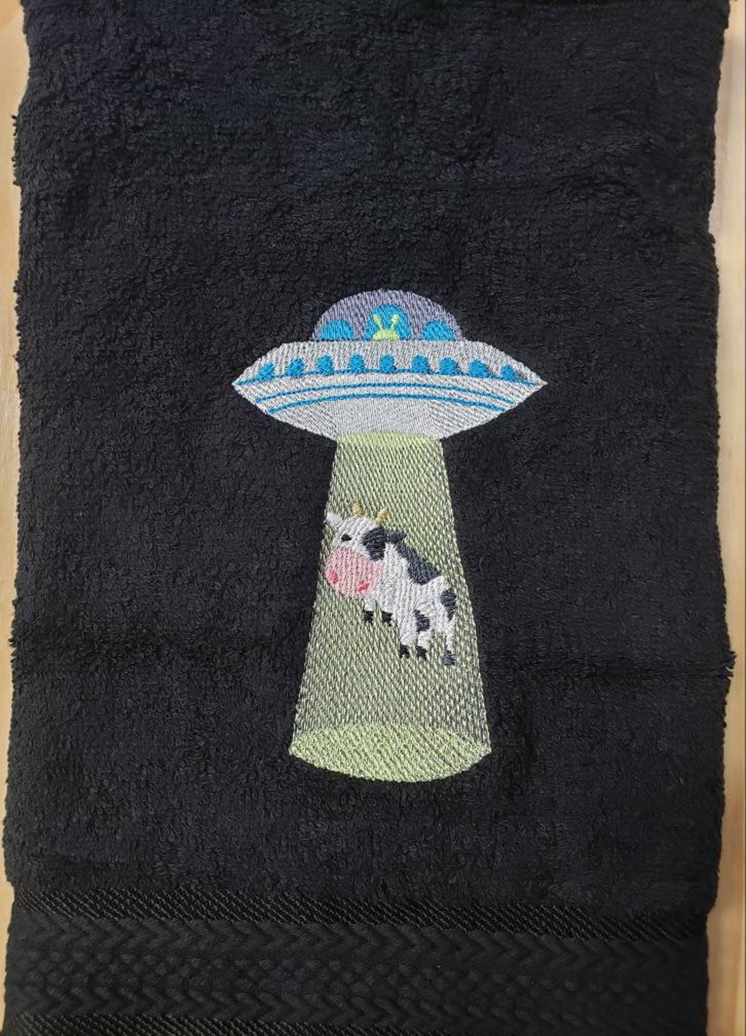 Alien UFO Spaceship Cow Beam Hand Towel Set Custom Embroidered ...