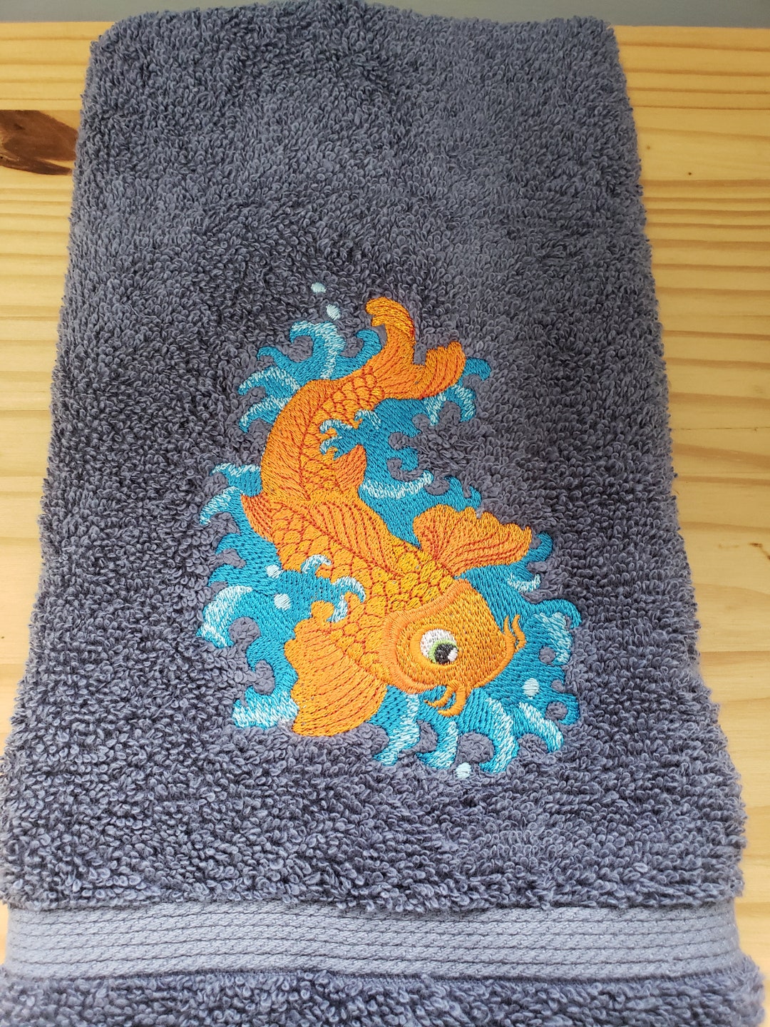 Koi Fish Ocean Waves Bath Hand Towel Set Custom Embroidered - Etsy