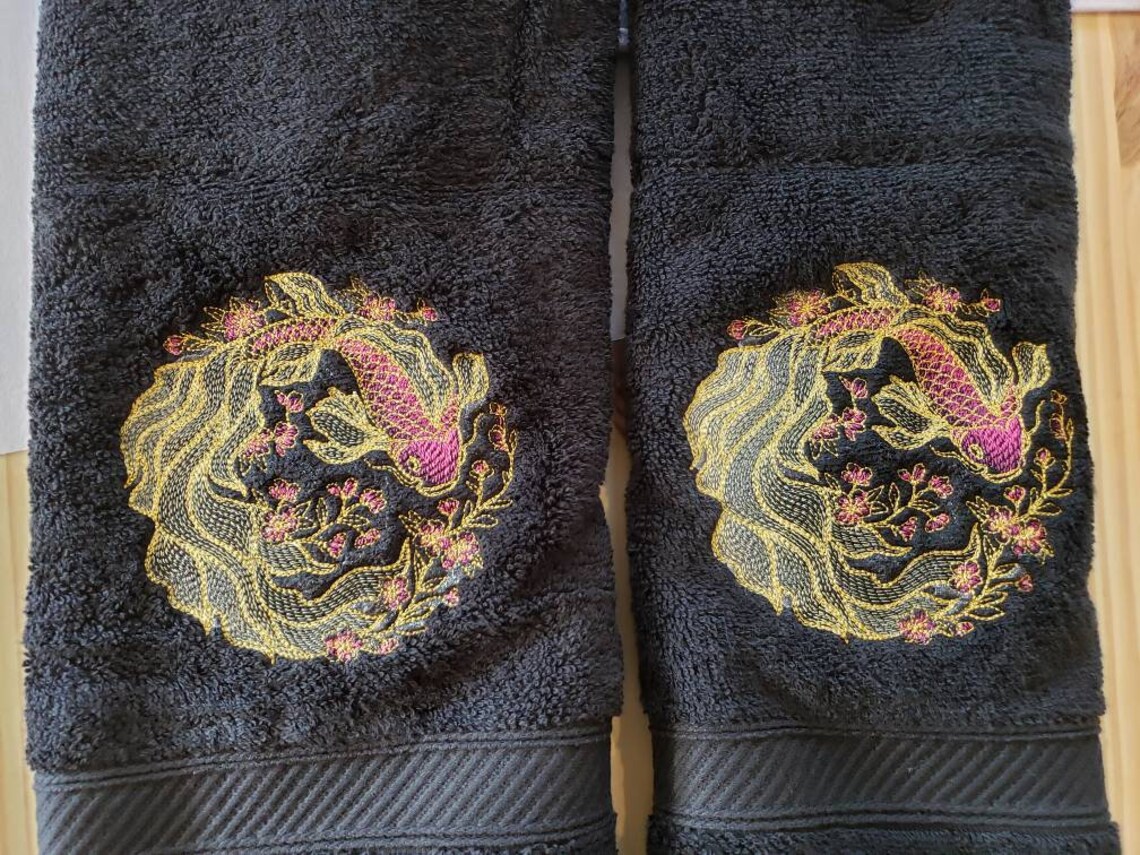 Metallic Koi Fish Hand Towel Set Custom Embroidered - Etsy