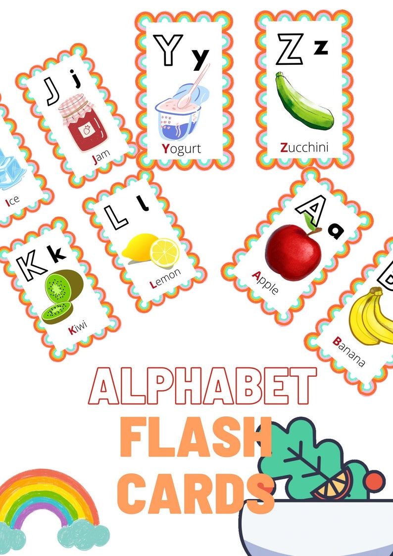 Alphabet Flash Cards for Learning Letter and Phonics, Food Themed ...