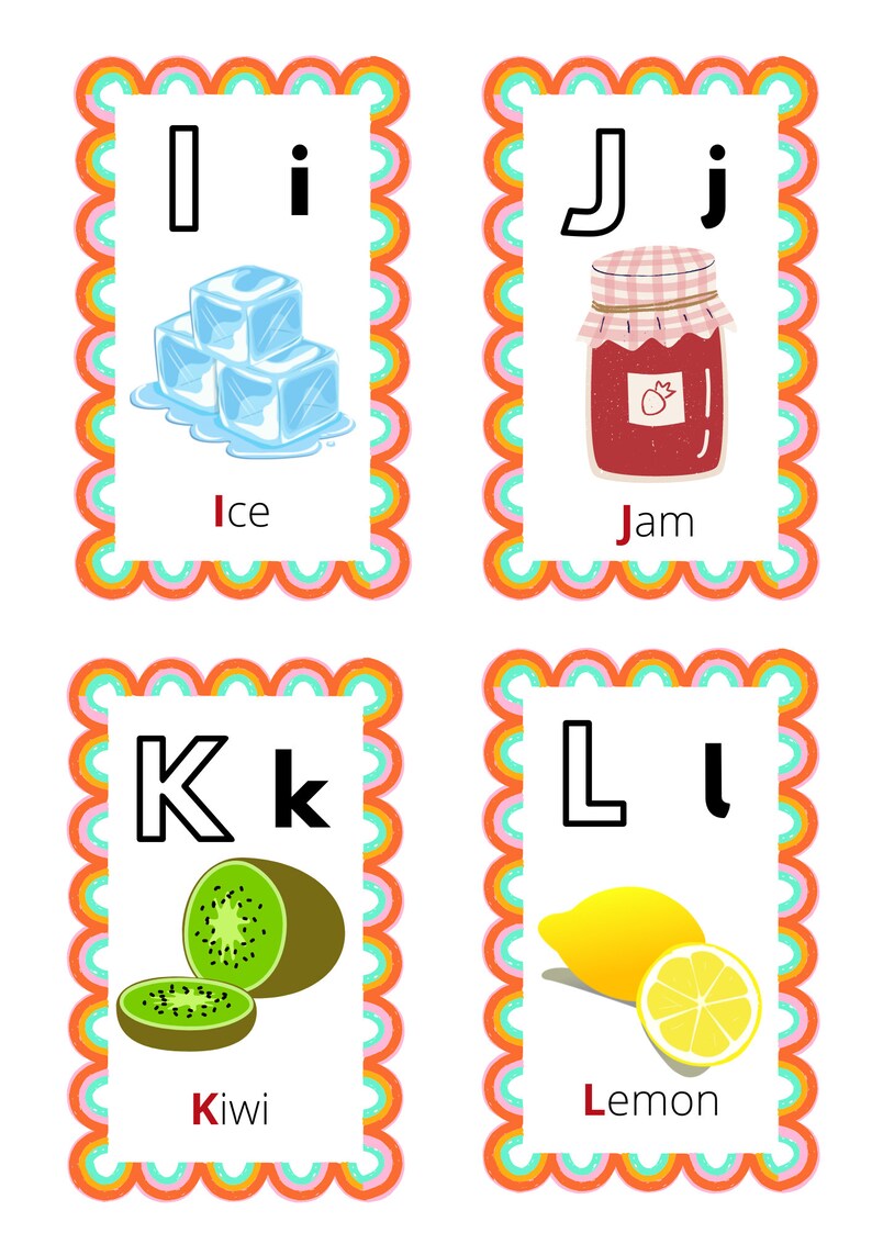 Alphabet Flash Cards for Learning Letter and Phonics, Food Themed ...