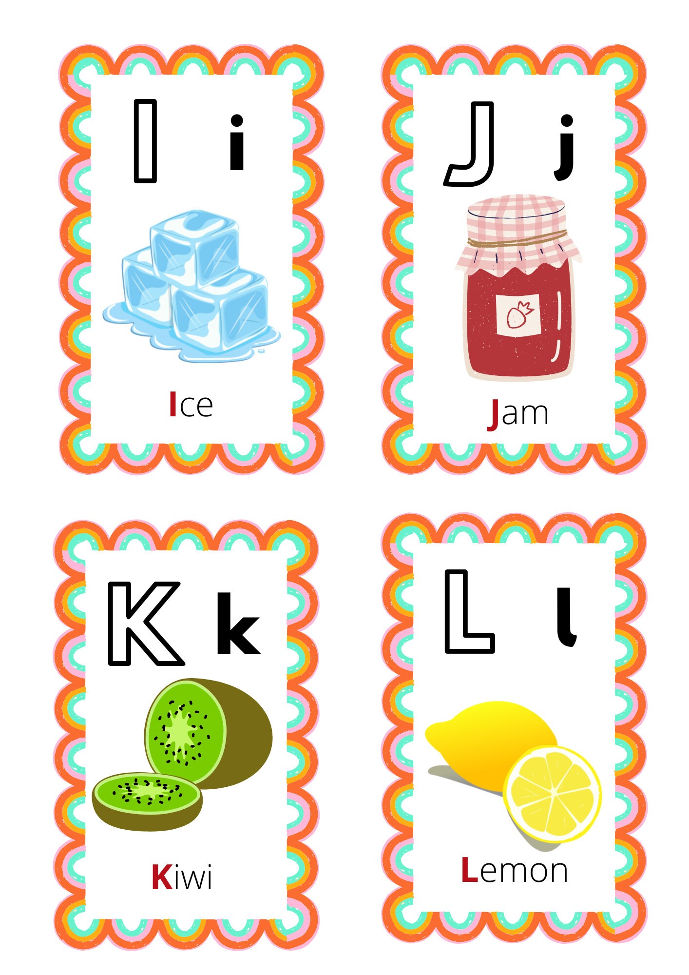 Alphabet Flash Cards for Learning Letter and Phonics, Food Themed ...