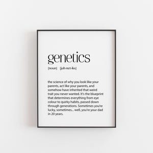 Genetics Definition Print – Funny Science Wall Art, Humorous Family ...