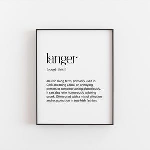 Langer Definition Print – Humorous Irish Slang Art | Unique Gift for ...