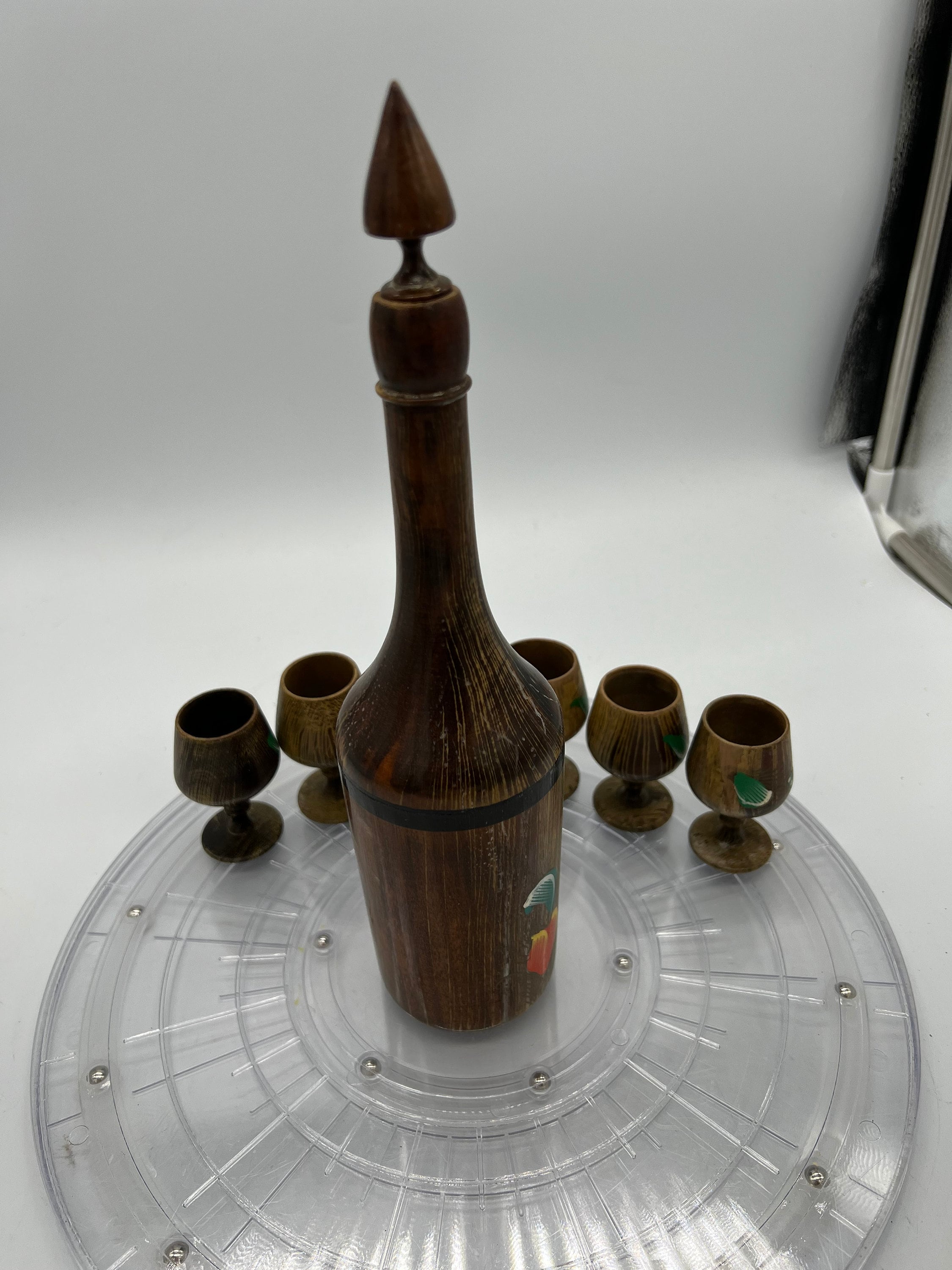 Antique Wood Decanter With 6 Mini Wood Goblets Handpainted - Etsy