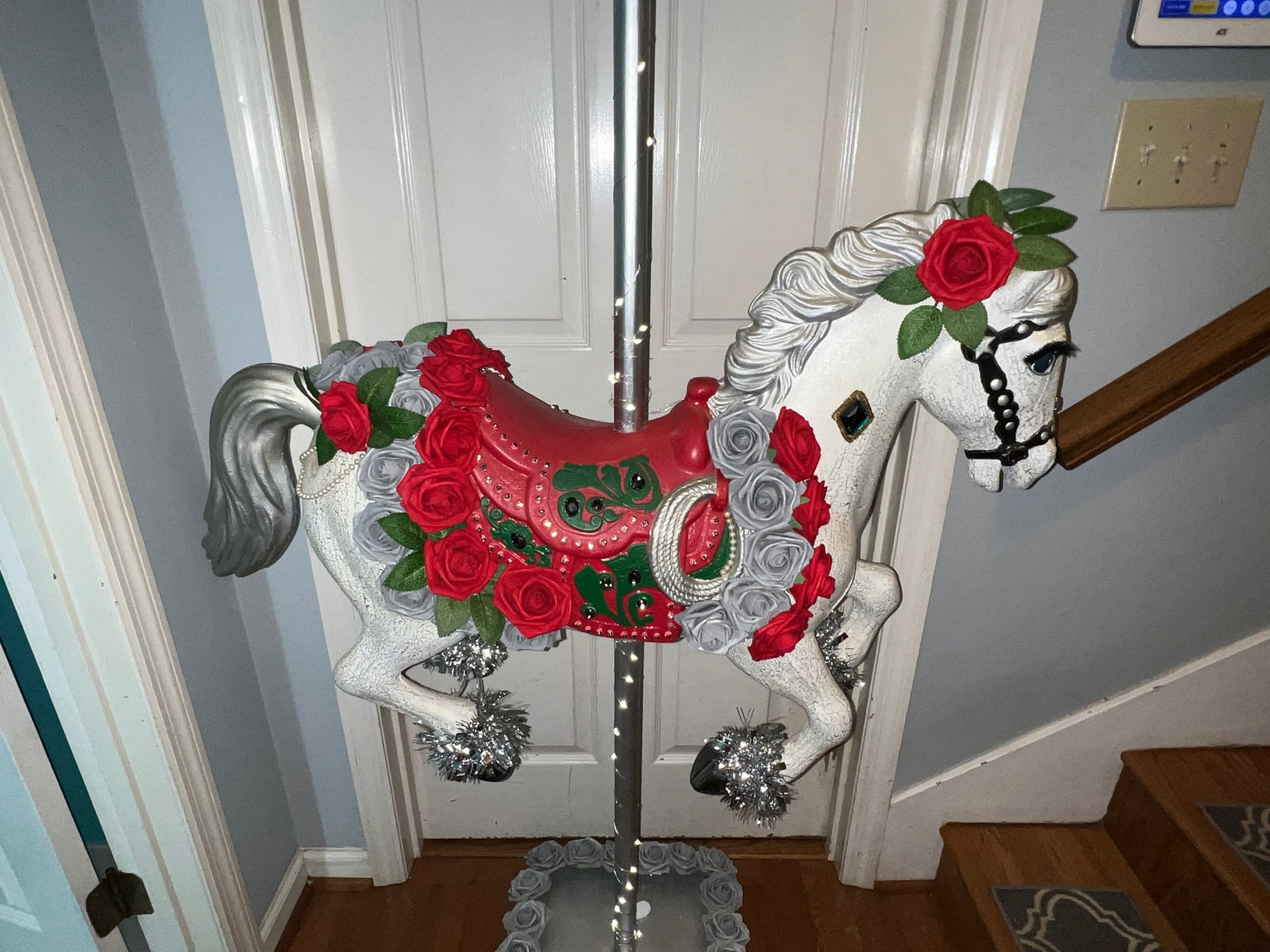 Christmas Carousel Horse Life Size! Hand Painted, Rhinestone and Rose ...