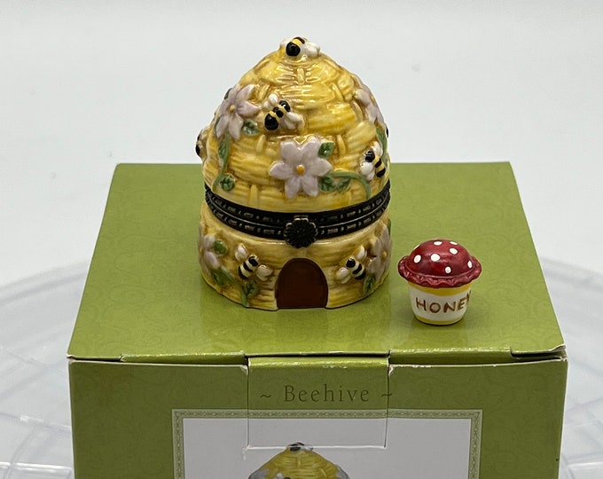 Beehive Porcelain Hinged Box With Lots of Honey Bees and Jar of Honey ...