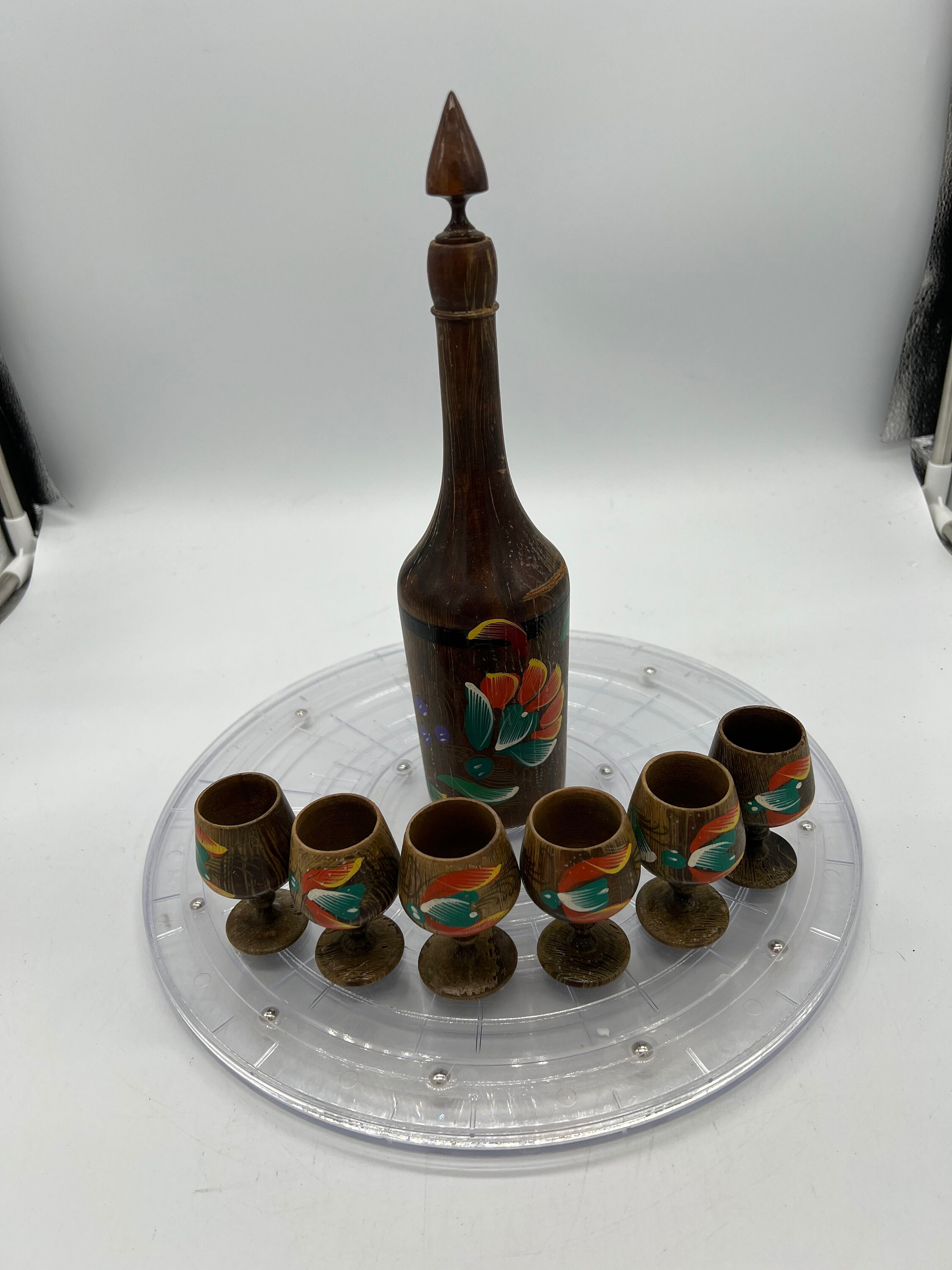 Antique Wood Decanter With 6 Mini Wood Goblets Handpainted - Etsy