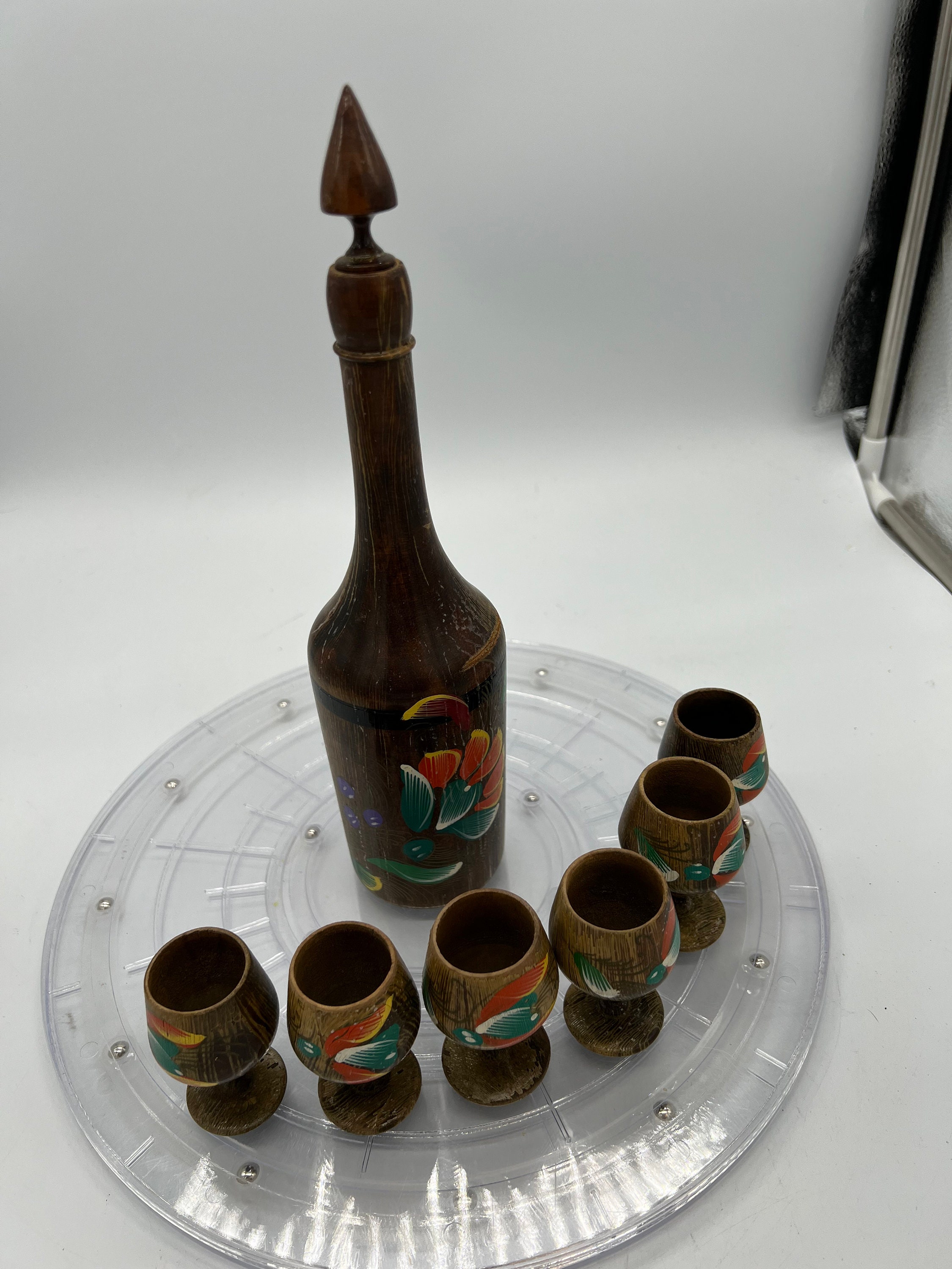 Antique Wood Decanter With 6 Mini Wood Goblets Handpainted - Etsy